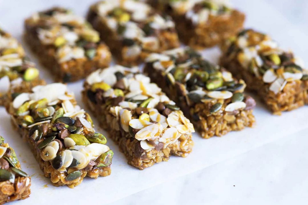 Oat Bars with Nuts, Chocolate Chips & Caramel Topping