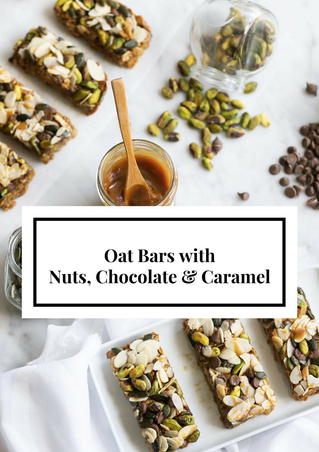 Oat Bars with Nuts, Chocolate Chips & Caramel Topping